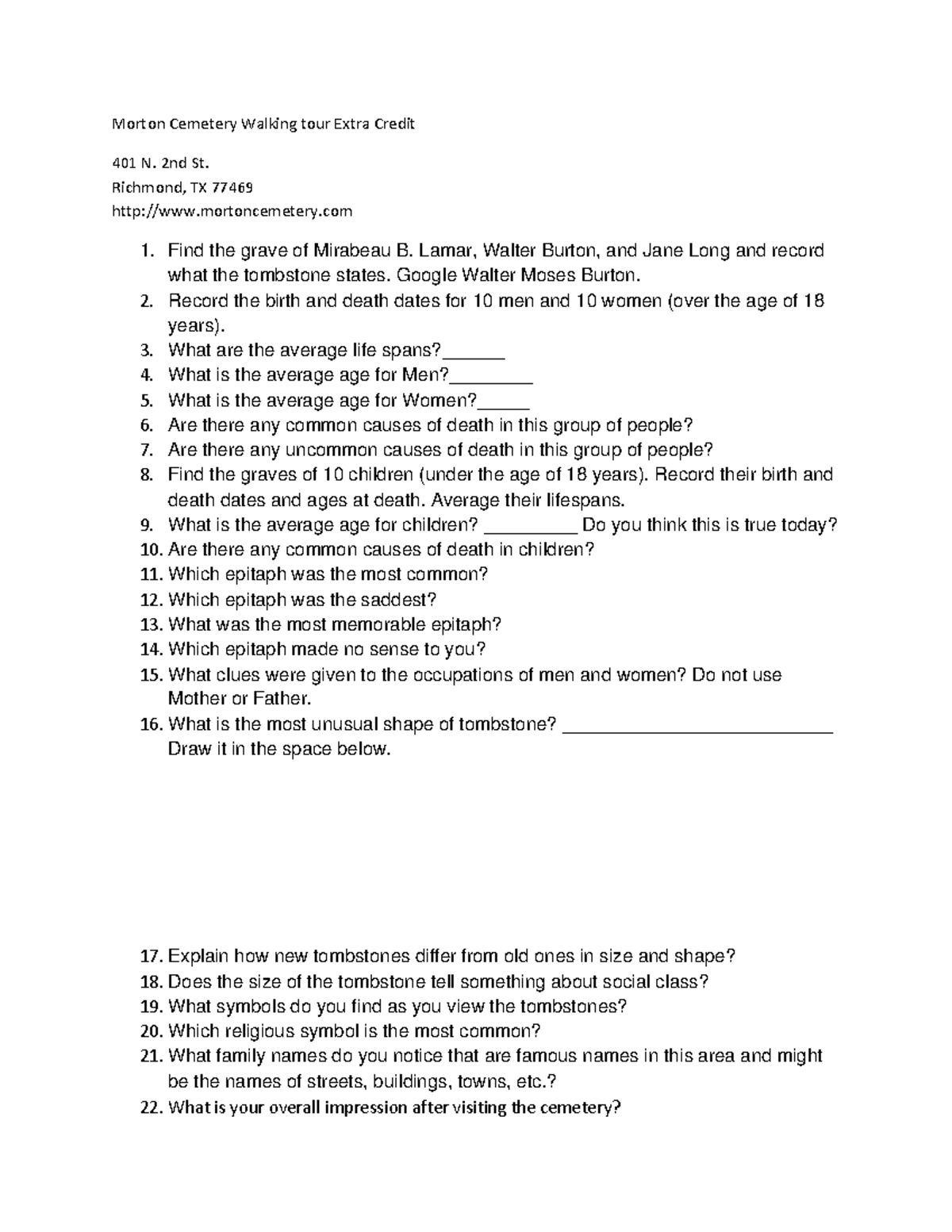 Morton Cemetery Walking tour Extra Credit 1 - 2nd St. Richmond, TX ...