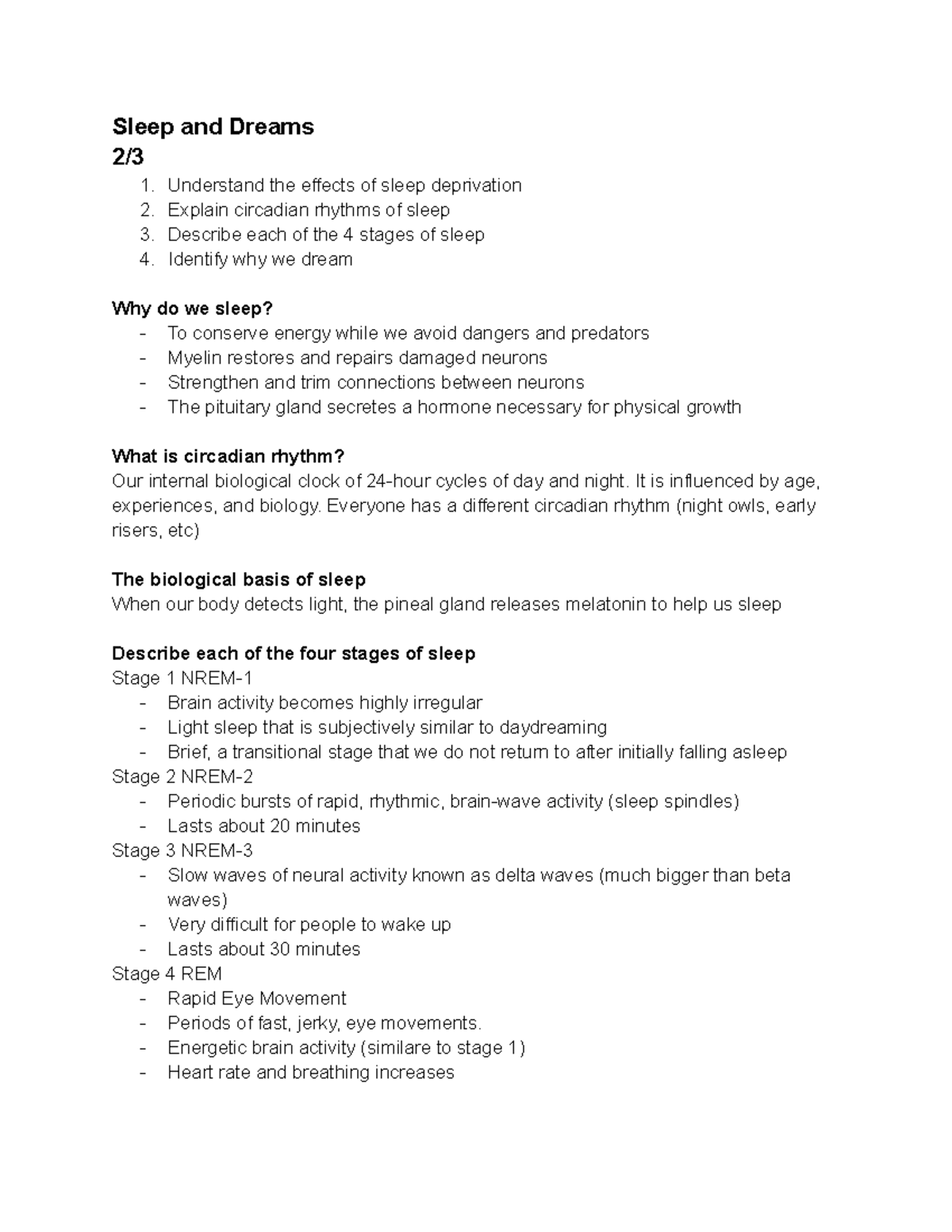 Period 2 in-Class Notes - Sleep and Dreams 2/ Understand the effects of ...