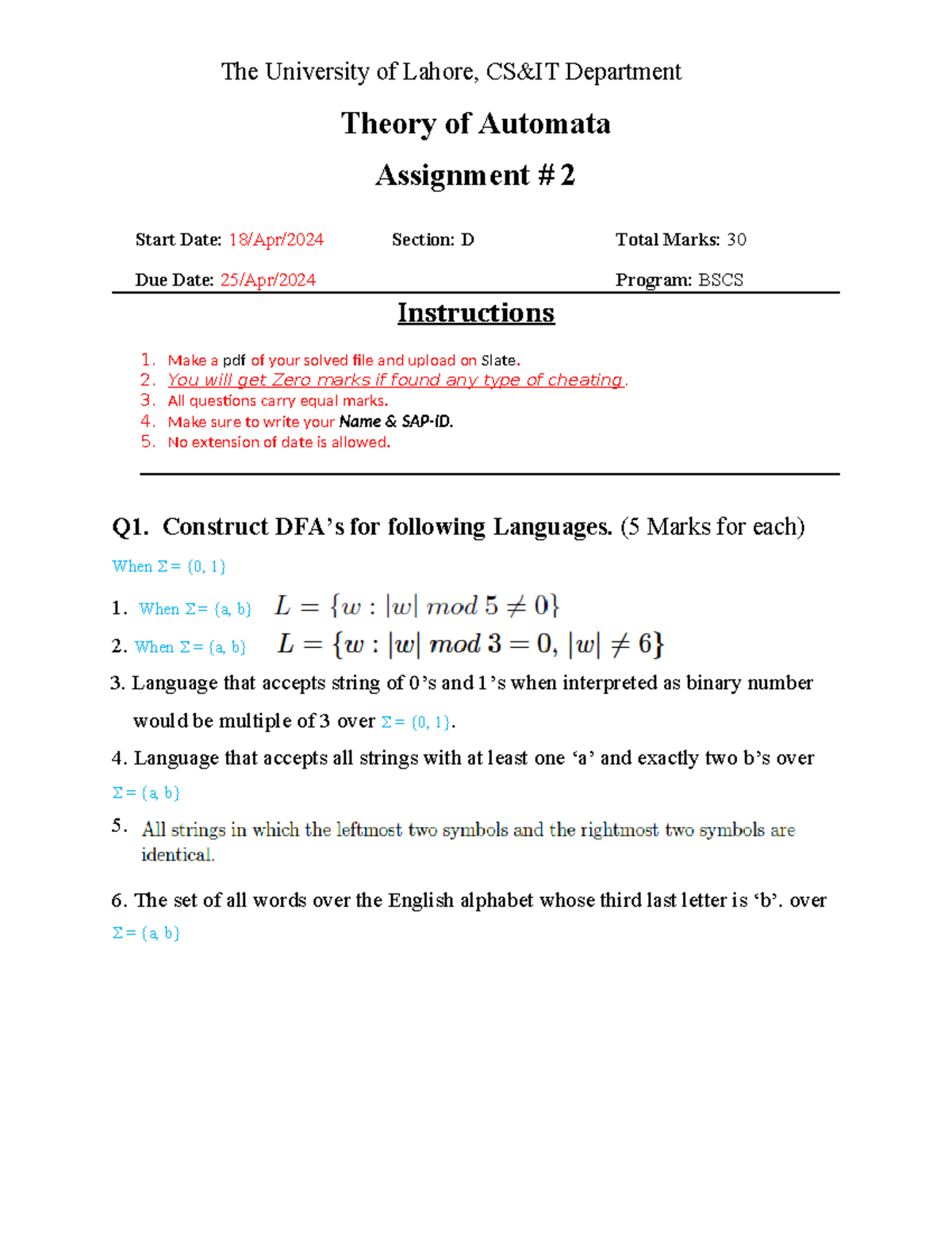 Assign-2 - The University of Lahore, CS&IT Department Theory of Automata Assignment # 2 Start ...