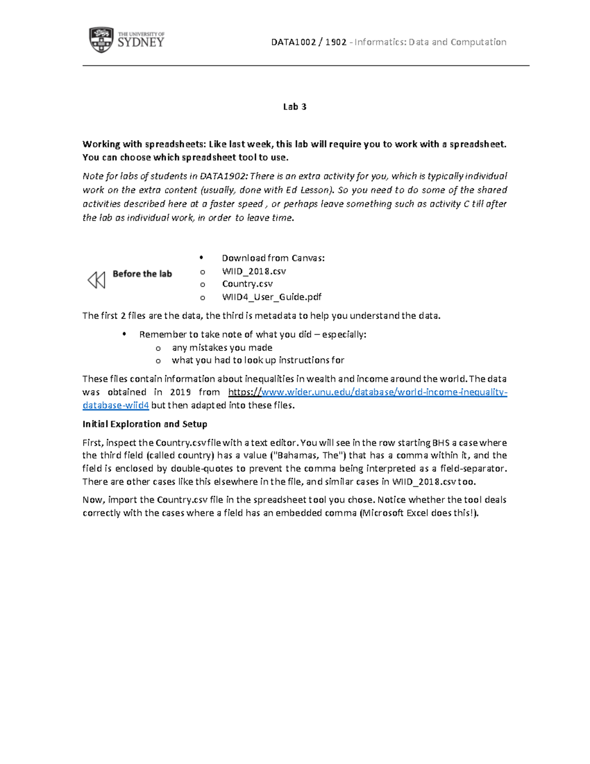Data1002-lab3 - lab materias in 2024s2 - Lab 3 Working with spreadsheets: Like last week, this ...