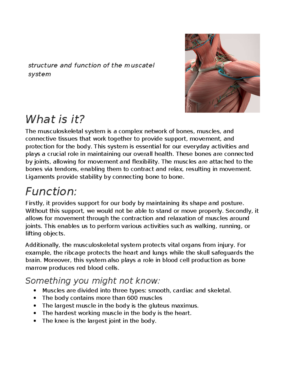 Document 1 - mykeletal system and function - structure and function of ...