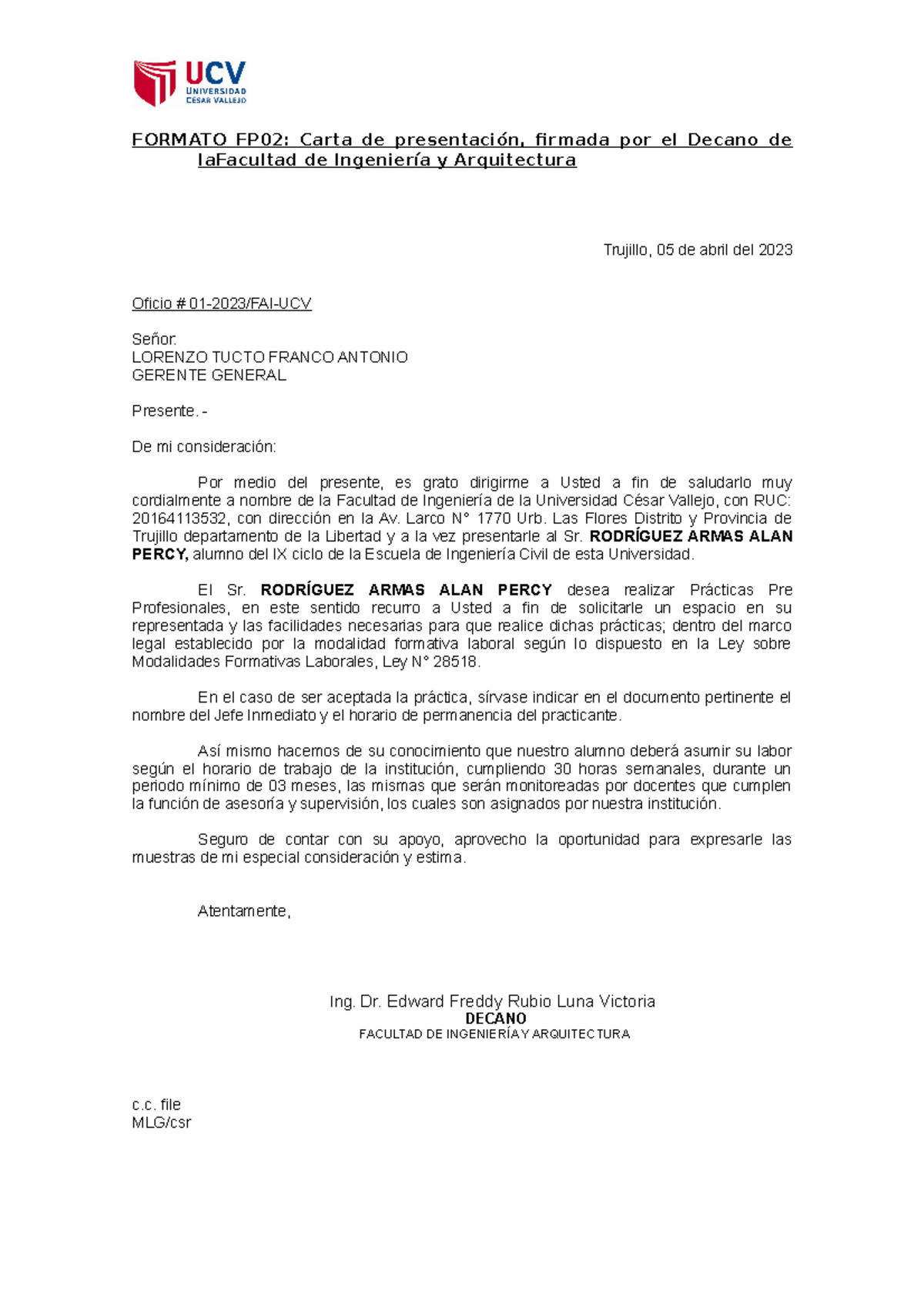 Formato FP02- Carta DE Presentaciòn - FORMATO FP02: Carta de ...