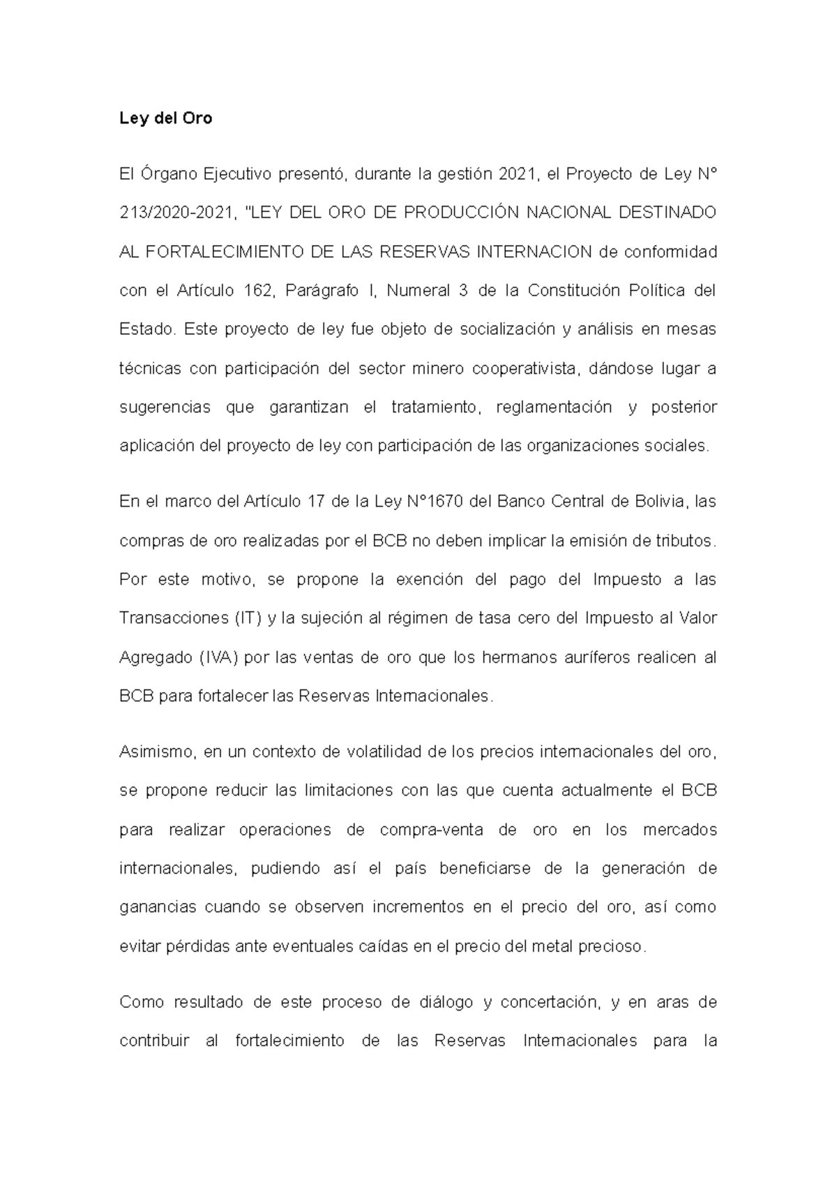 Ley del Oro - ley de oro - Ley del Oro El Órgano Ejecutivo presentó ...