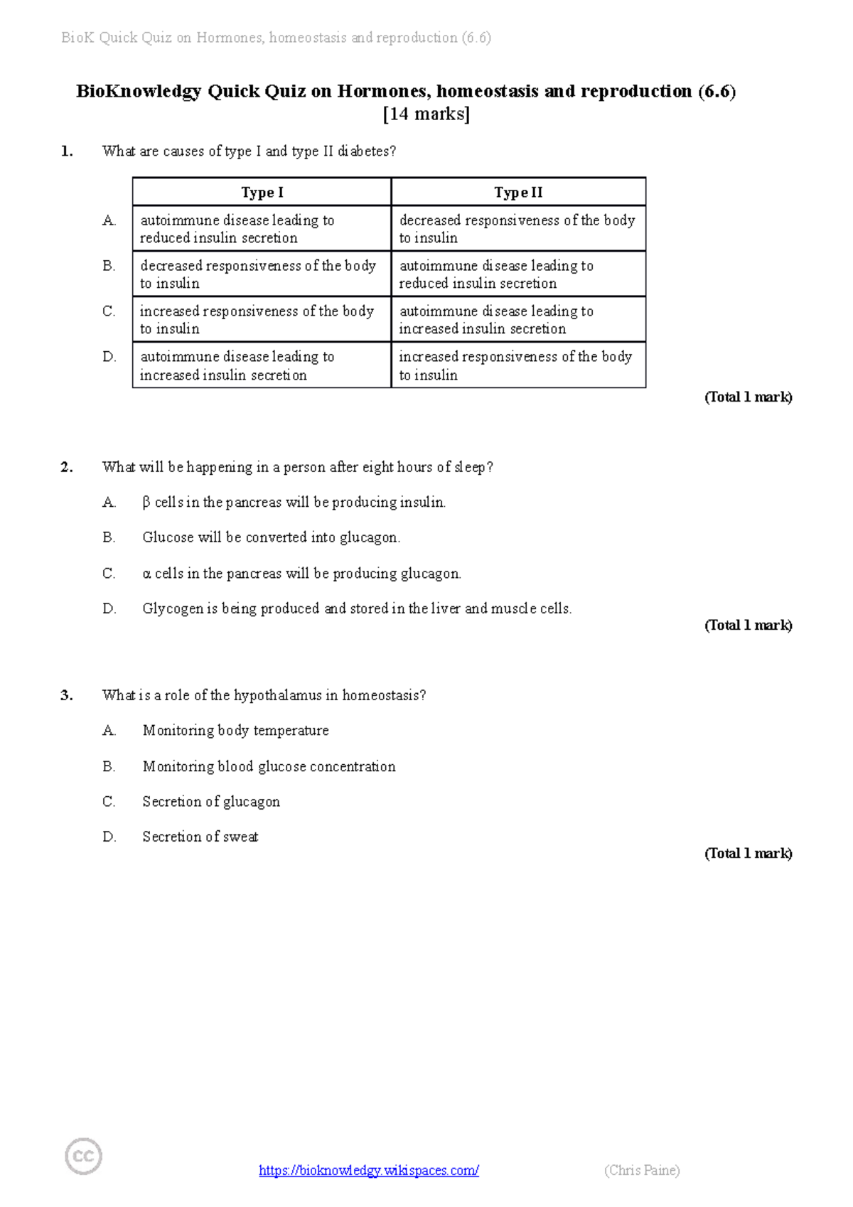 Bio K QQ 6.6 QP - Bio - BioKnowledgy Quick Quiz on Hormones ...