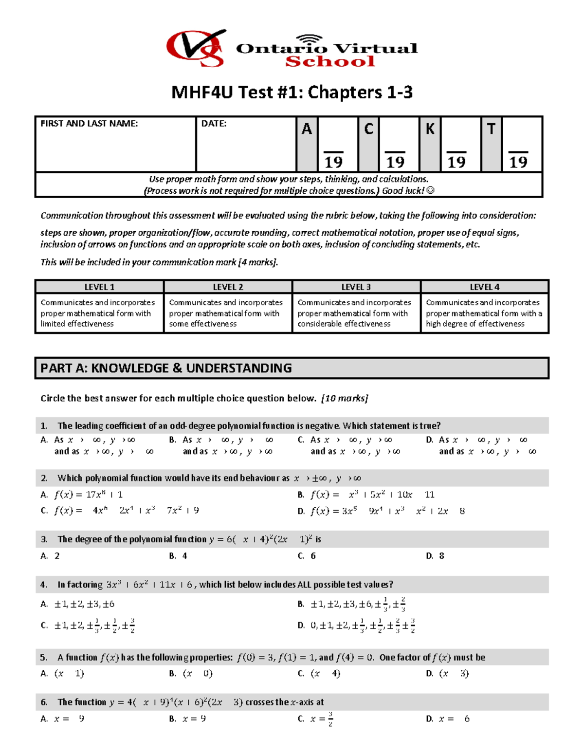 1723049539-MHF4U Unit 1 Test - MHF4U Test #1: Chapters 1- 3 FIRST AND ...