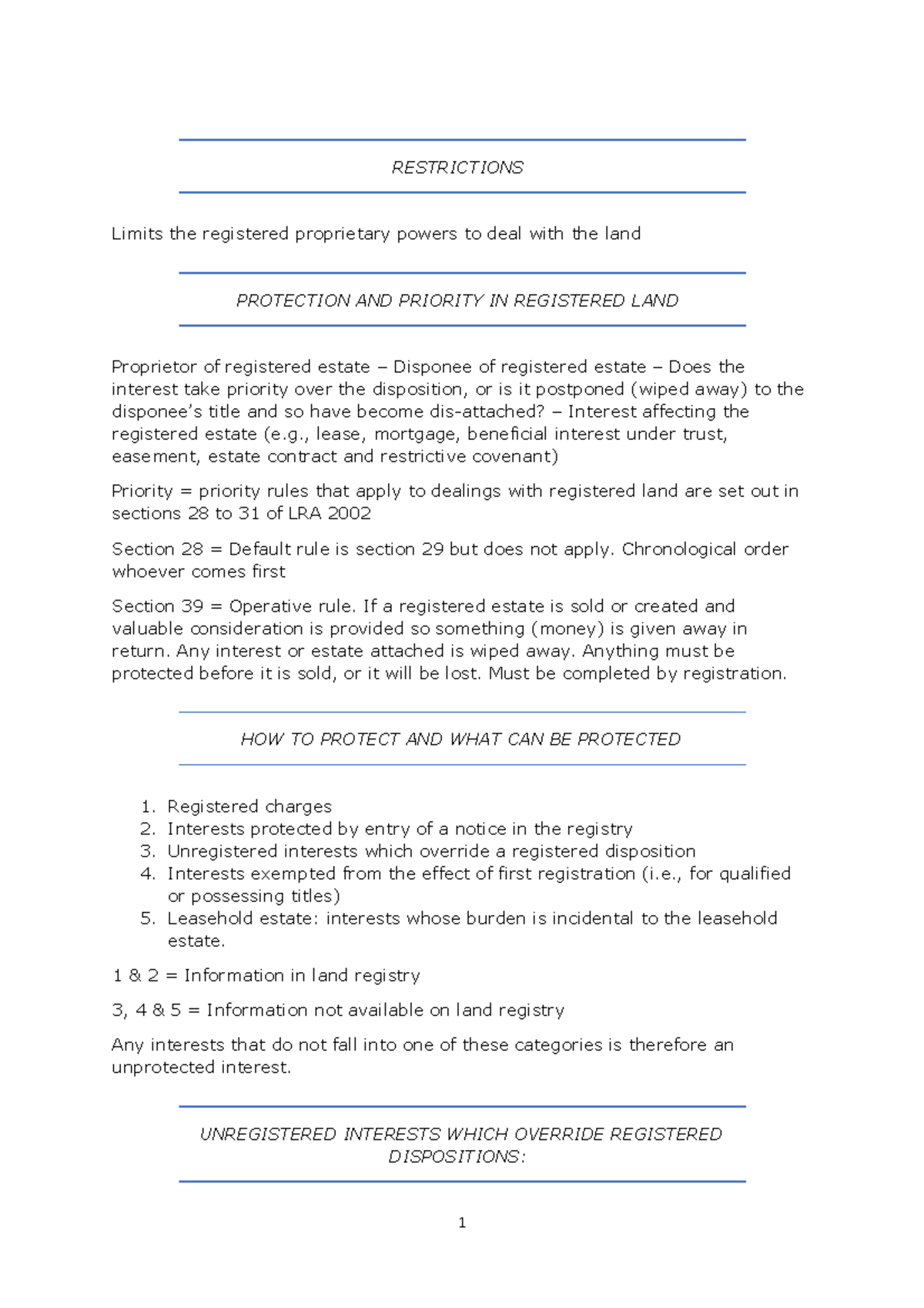 Protection and Priority in registered land - RESTRICTIONS Limits the ...