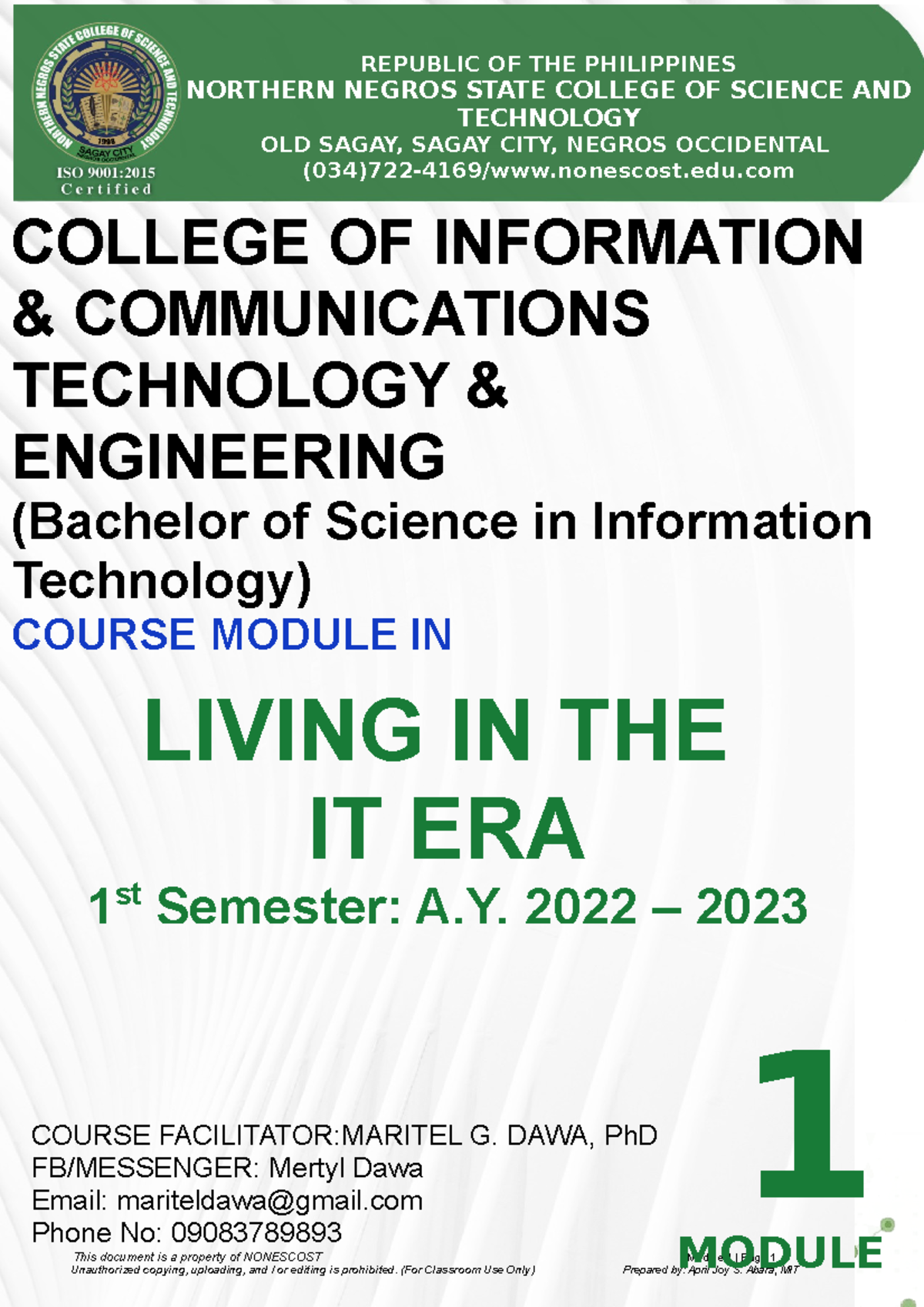 Module 1 Lesson 1 - This document is a property of NONESCOST Module 1 ...