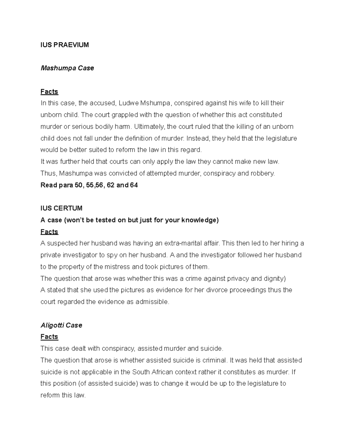 PBL410 2024 case study Notes - IUS PRAEVIUM Mashumpa Case Facts In this ...
