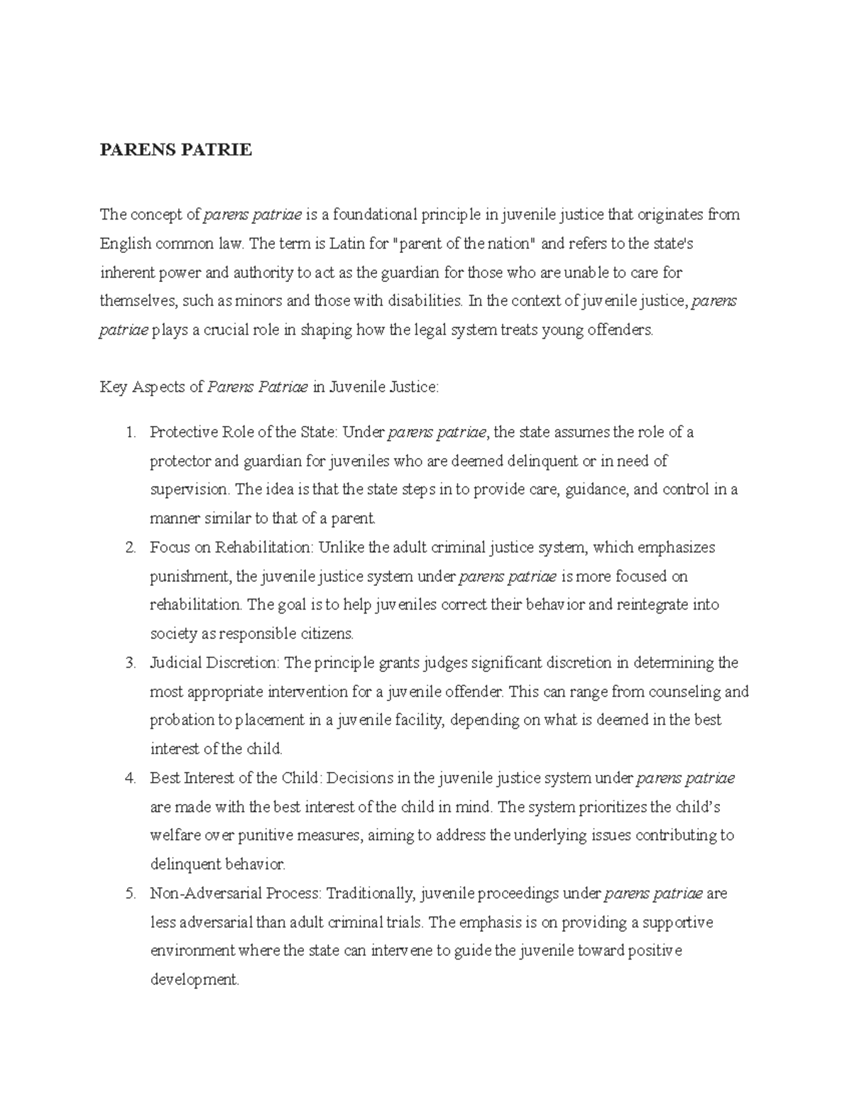 JJ ACT - About juvenile justice - PARENS PATRIE The concept of parens ...