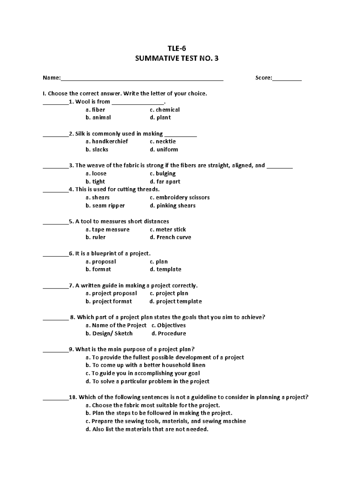 Tle-summative-test-he compress - TLE- SUMMATIVE TEST NO. 3 - Studocu