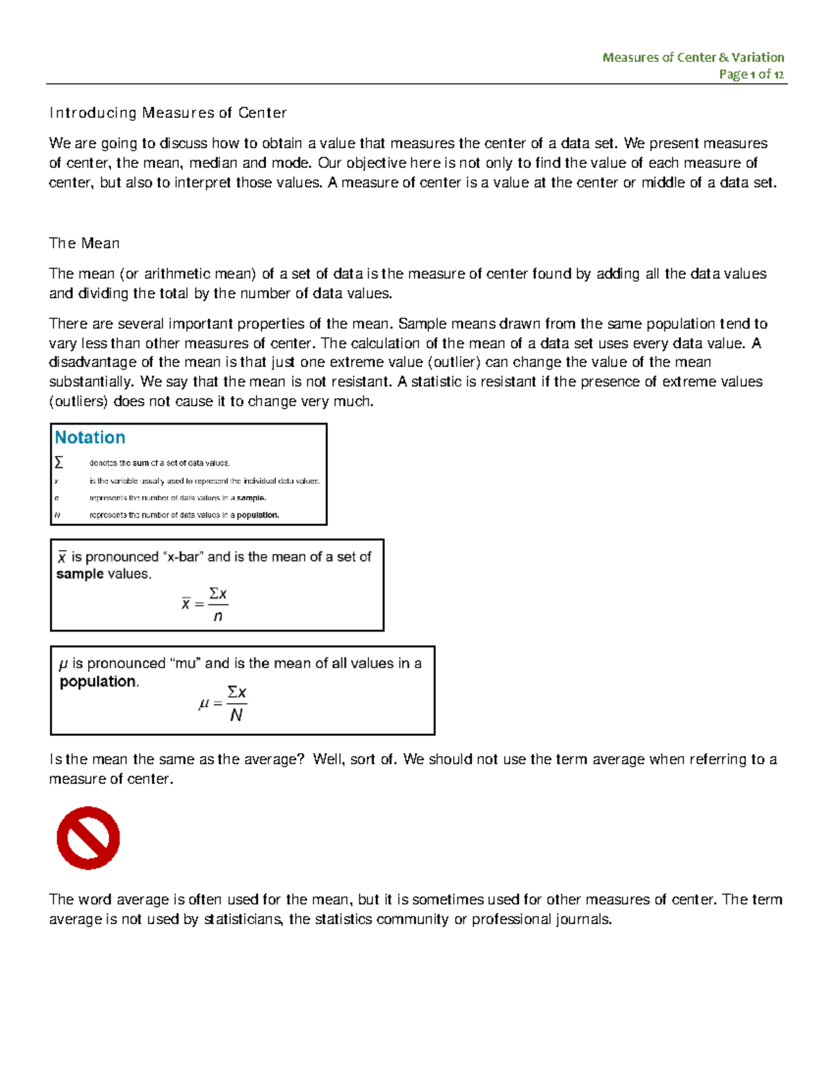 2020 Introducing Measures of Center - STATS 1025 - Page 1 of 12 I ...
