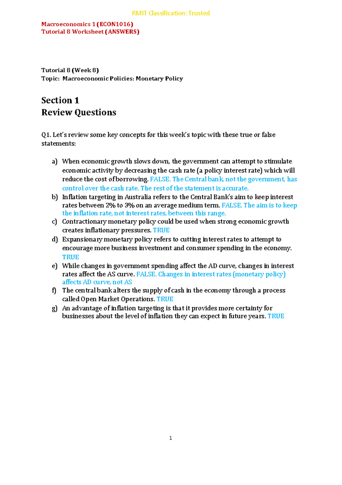 Tutorial 8 - Solutions - Macroeconomics 1 (ECON1016) Tutorial 8 ...