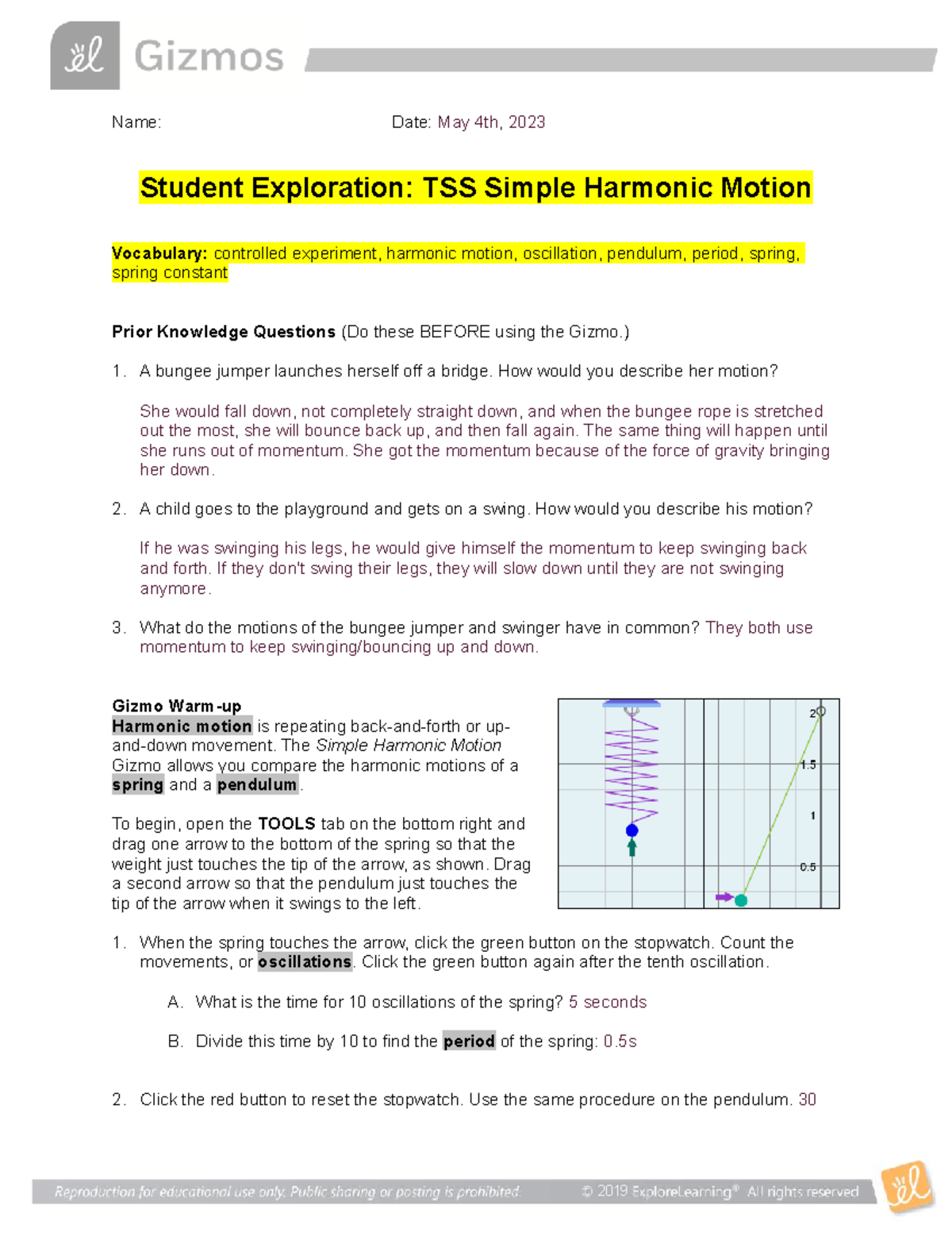 TSS Simple Harmonic Motion - Name: Date: May 4th, 2023 Student Exploration: TSS Simple Harmonic ...