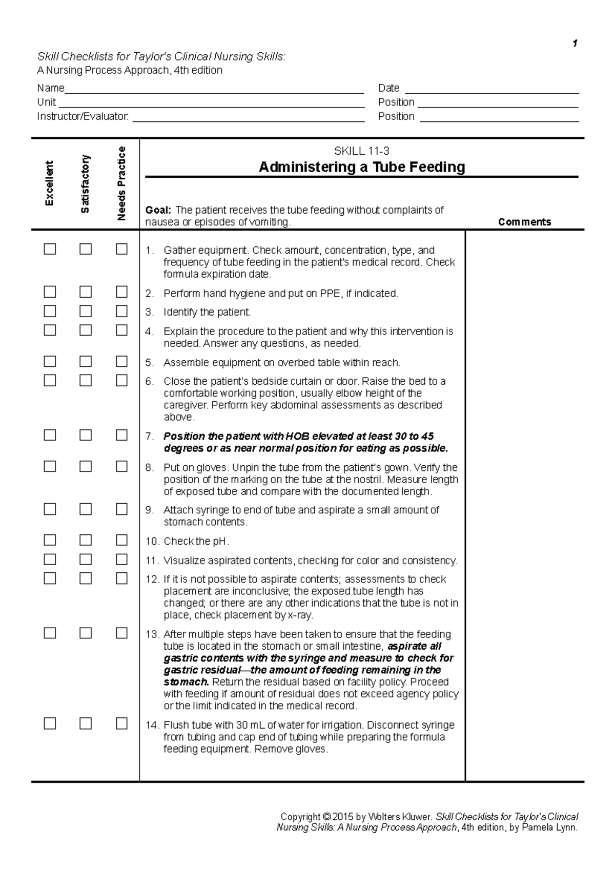 Skill 11.3.doc NGT Feeding - 1 Skill Checklists for Taylor's Clinical ...