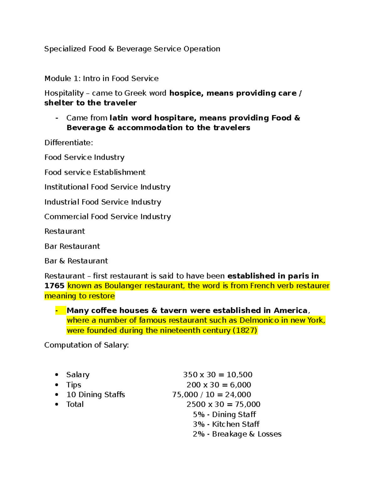Reviewer - Specialized Food & Beverage Service Operation Module 1 ...