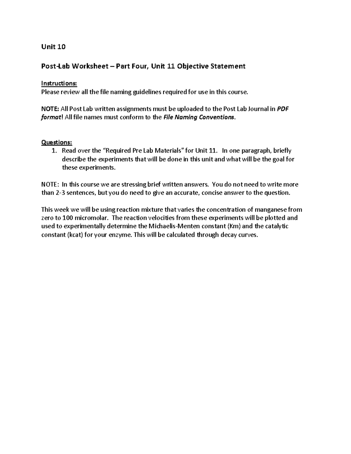 10 Post Lab Worksheet Part Four R W Kosuri Unit 10 Post Lab Worksheet