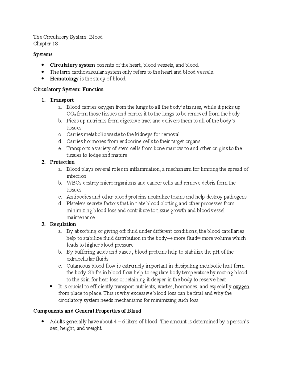 BIOL 318 exam 3 The Circulatory System - The Circulatory System: Blood ...
