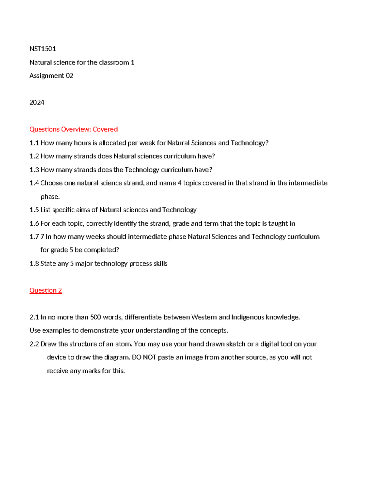 NST1501 Assignment 02 2024 - NST Natural science for the classroom 1 ...