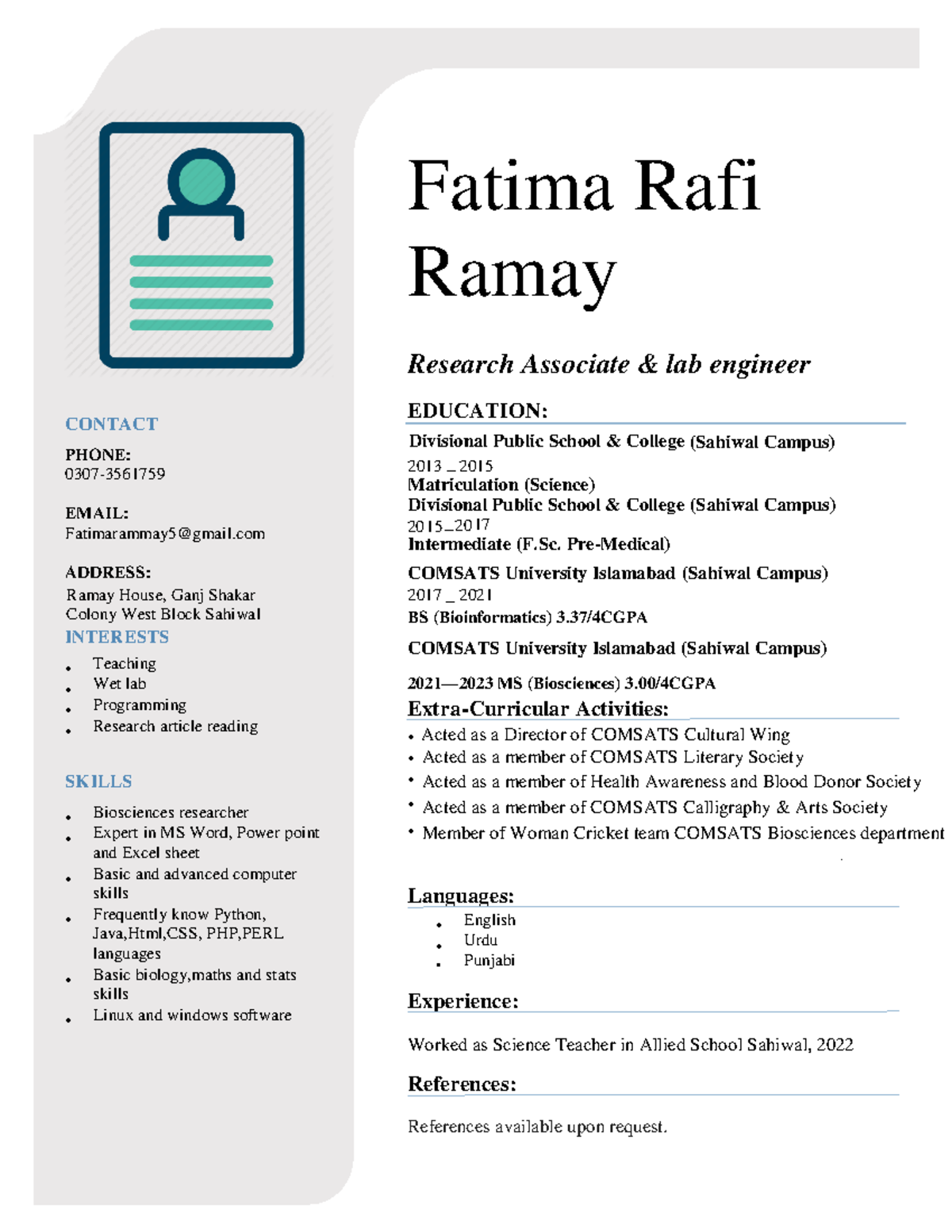 Fatima Rafi Ramay - Fatima Rafi Ramay Research Associate & lab engineer ...