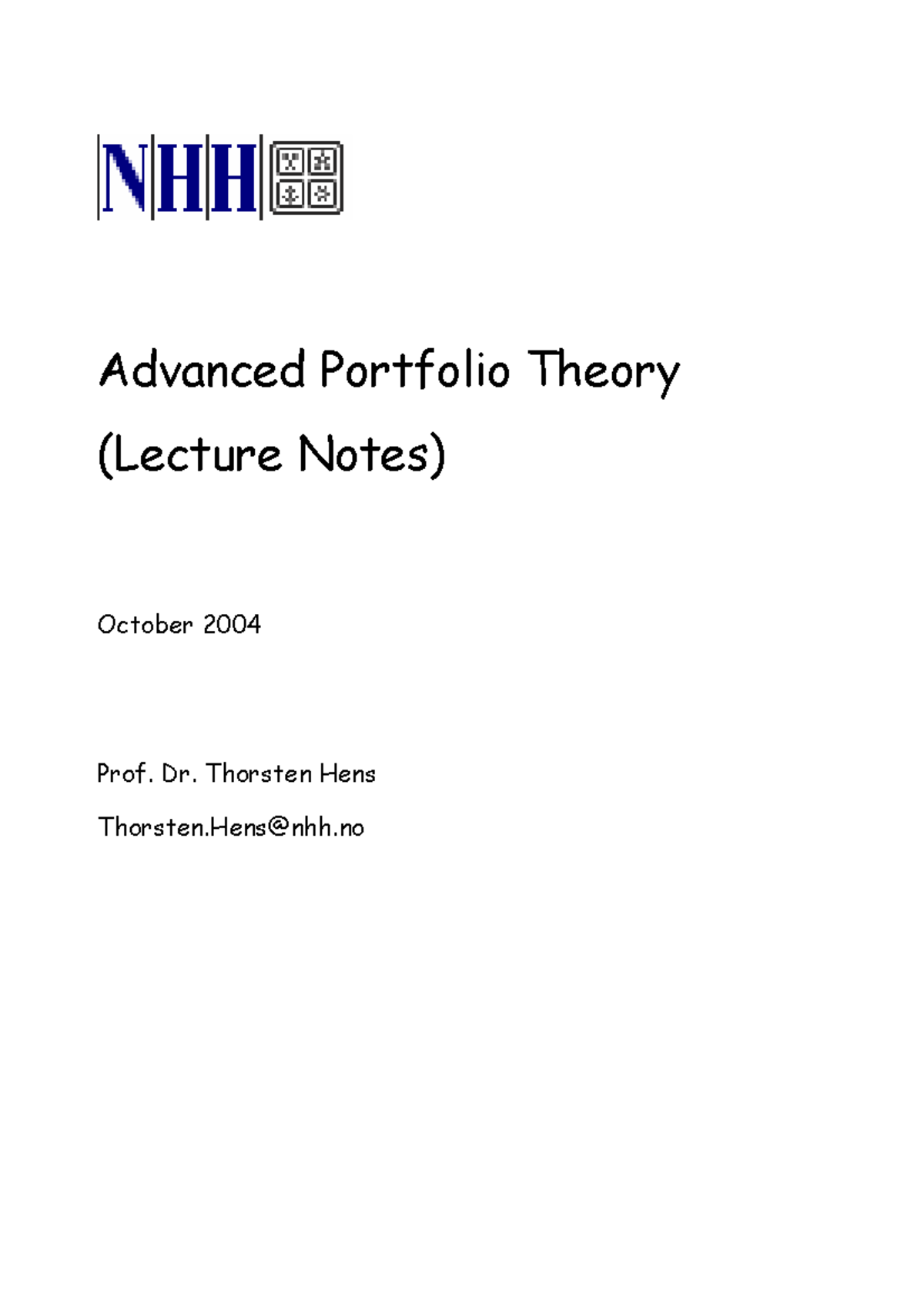 Advanced Portfolio Theory Lecture Notes - Advanced Portfolio Theory ...