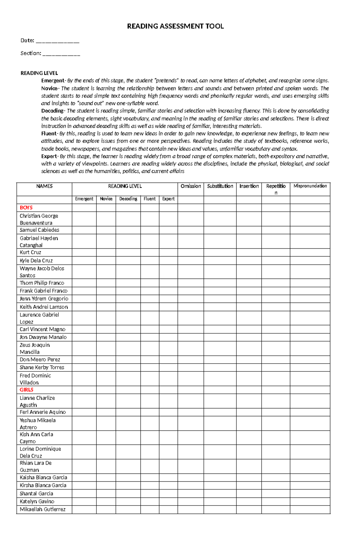 Reading- Assessment-TOOL - READING ASSESSMENT TOOL Date ...