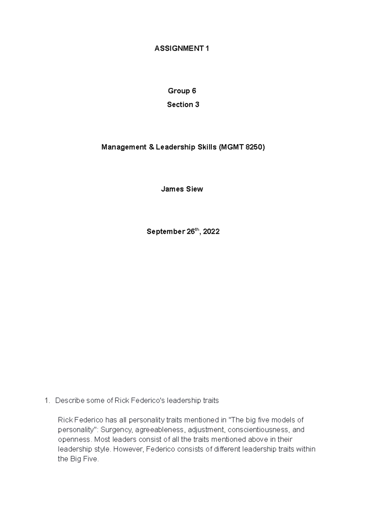Assignment 1 Group 6 - ASSIGNMENT 1 Group 6 Section 3 Management & Leadership Skills (MGMT 8250 ...