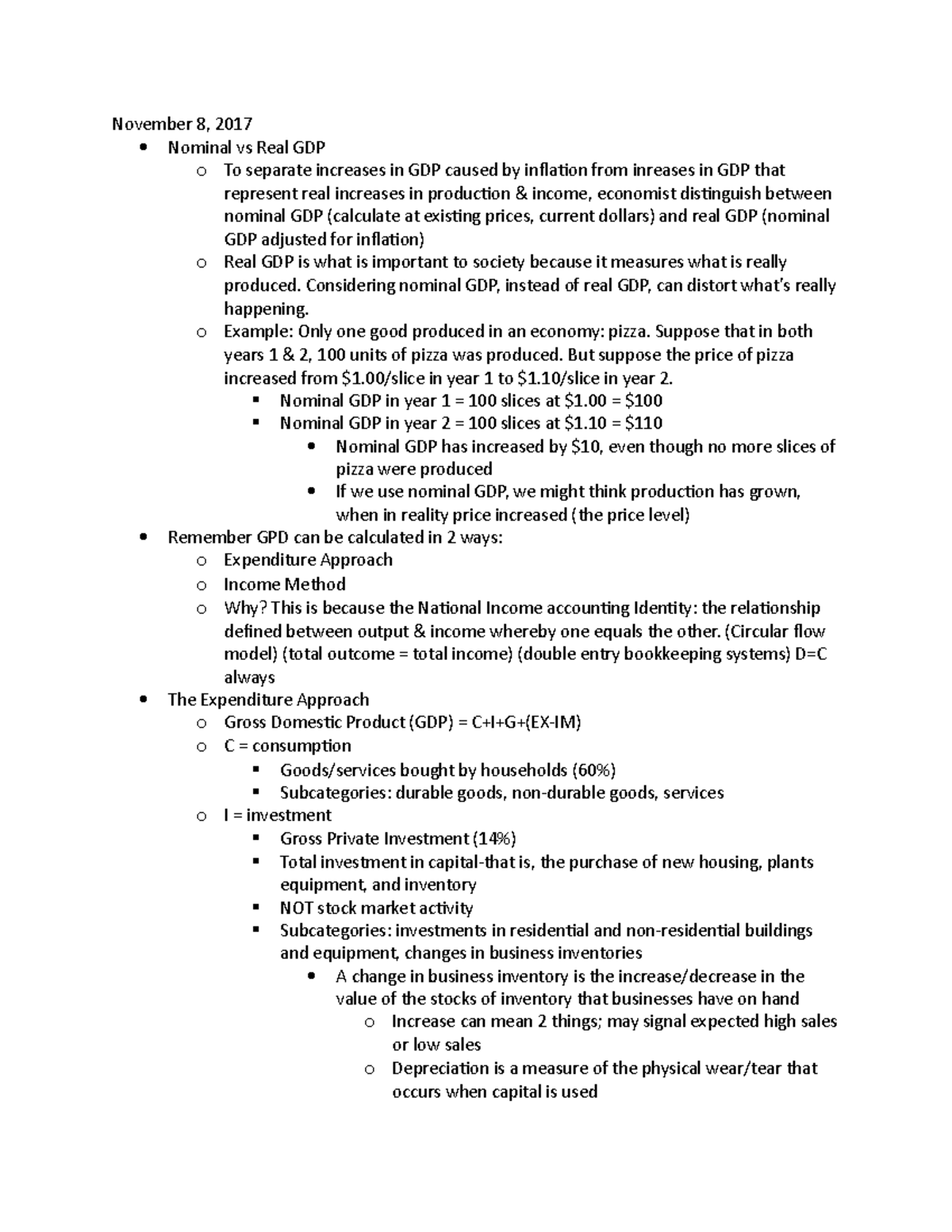 macro notes week 10 - November 8, 2017 Nominal vs Real GDP o To ...