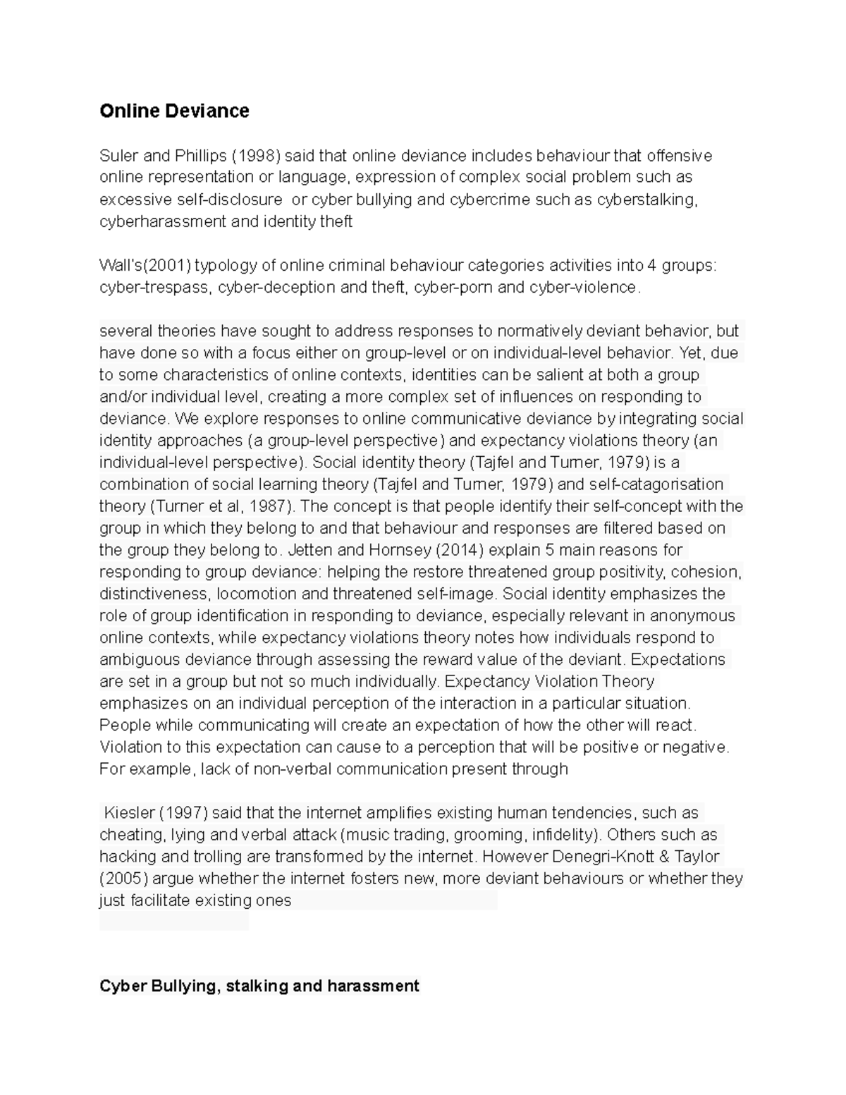 Online Deviance - Summary Cyber Psychology - Online Deviance Suler and ...