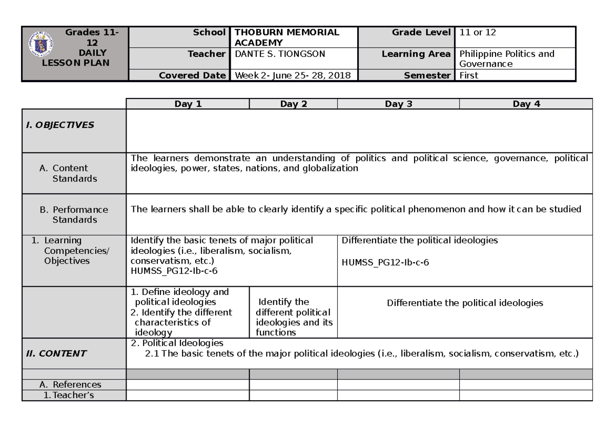 PPG Week b - Political Ideologies - Grades 11- 12 DAILY LESSON PLAN ...