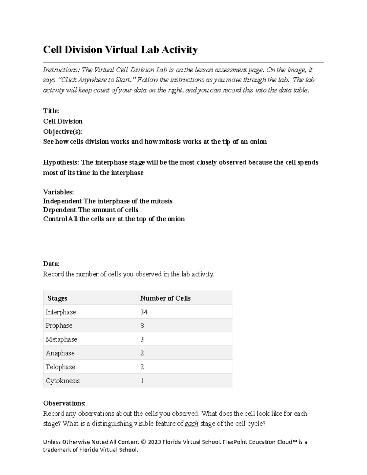03 01 virtual cell division lab report - Cell Division Virtual Lab Activity Instructions: The ...
