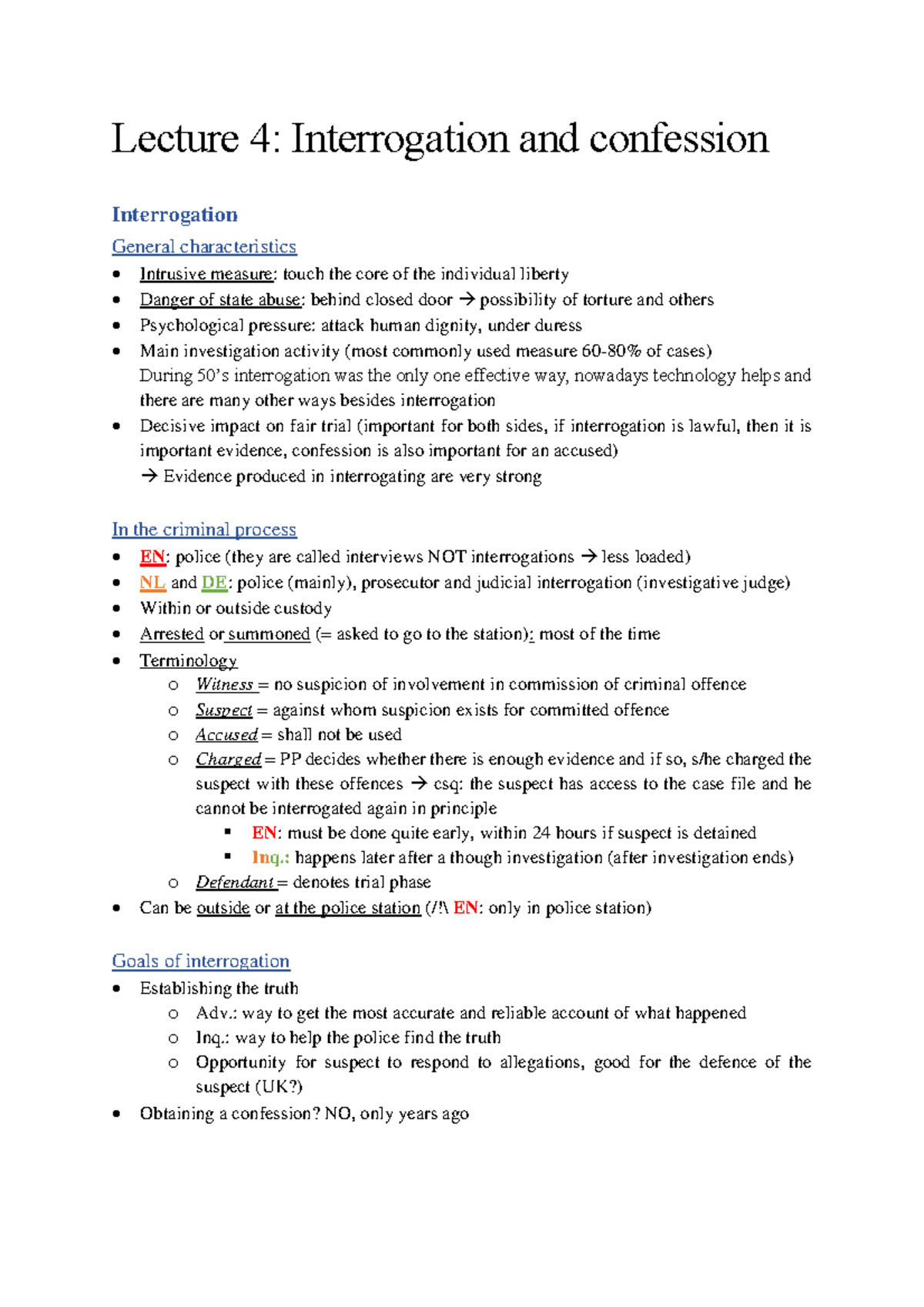 Lecture 4 extra notes - Lecture 4: Interrogation and confession ...