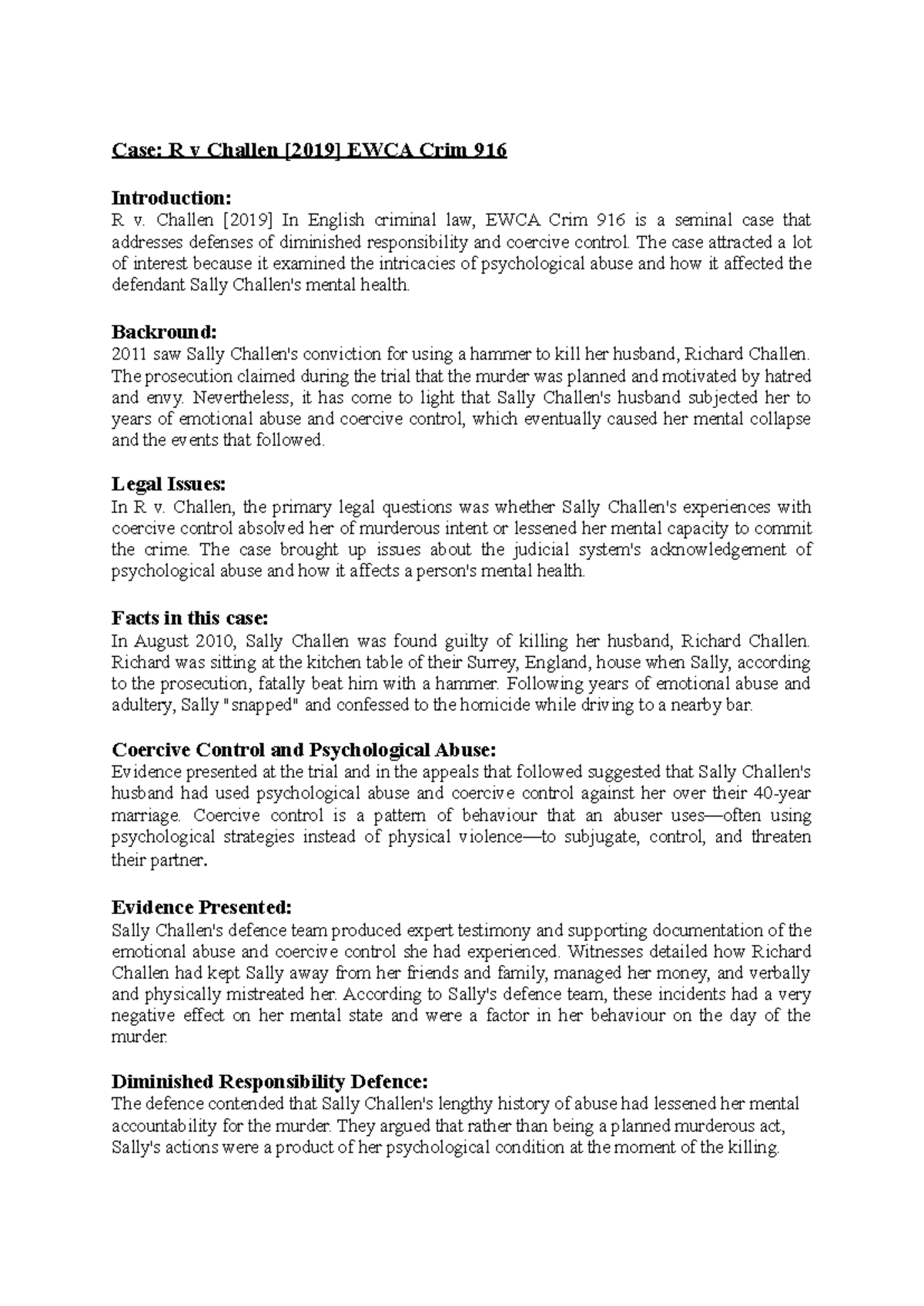 Case note R v Challen - sample case note - Case: R v Challen [2019 ...