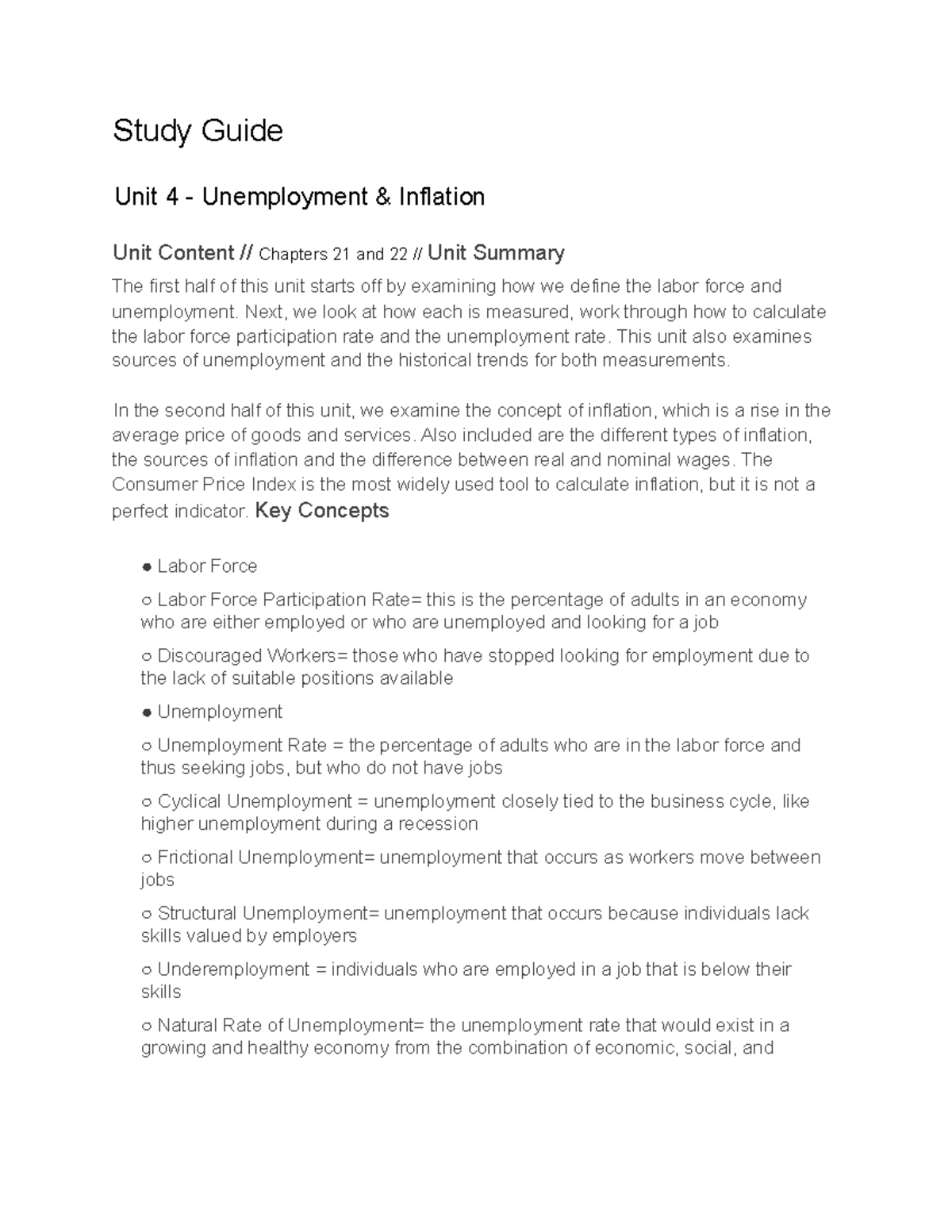 Unit 4 Study Guide - Study Guide Unit 4 - Unemployment & Inflation Unit ...