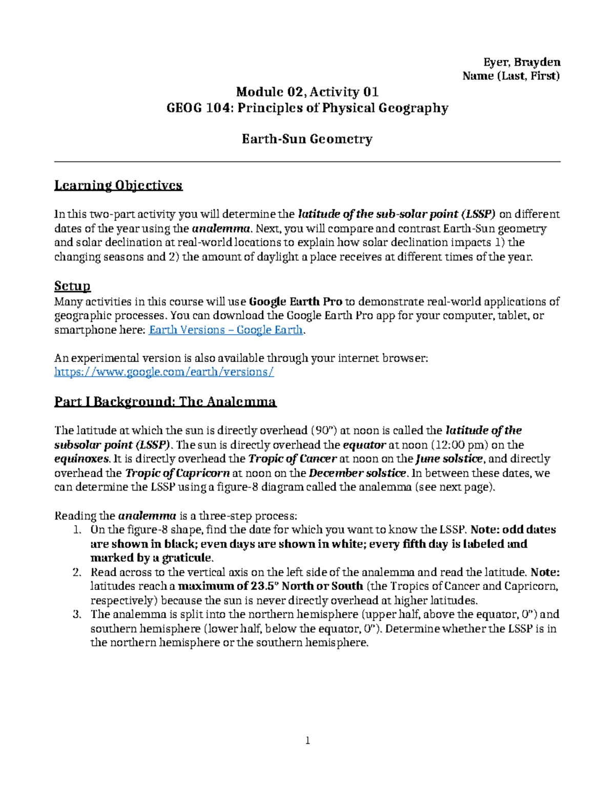 02-01 Earth-Sun Geometry - Eyer, Brayden Name (Last, First) Module 02, Activity 01 GEOG 104 ...