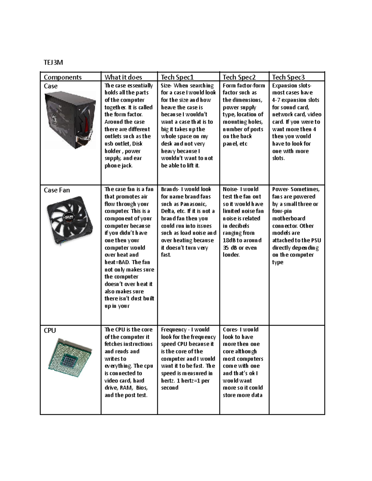 TECH - TECH 1 ASSIGNMENT - TEJ3M Components What it does Tech Spec1 ...