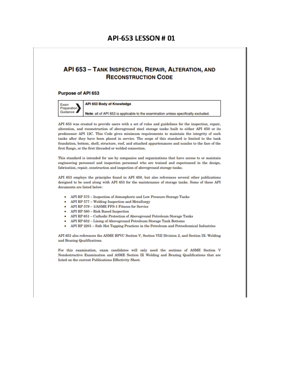 API-653 casti - Total Quality Management - API-653 LESSON # LESSON ...