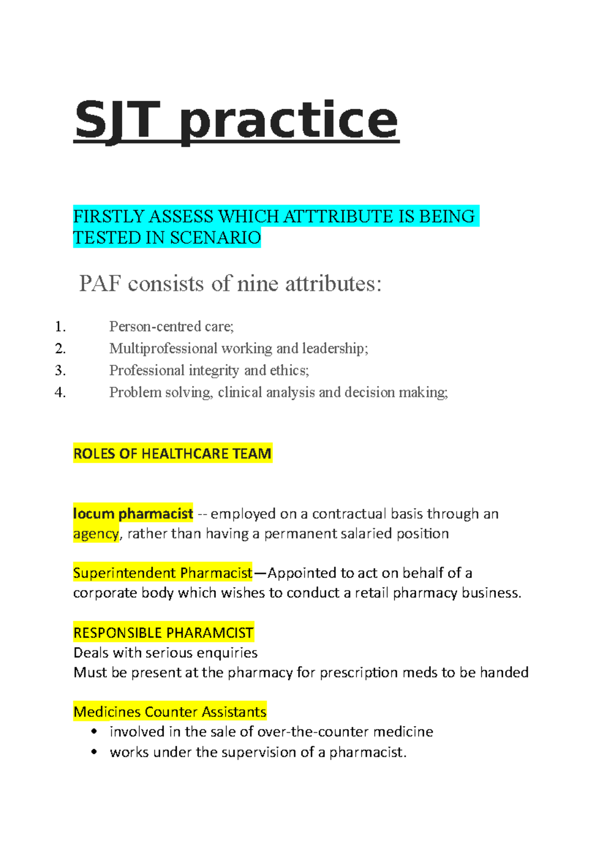 Oriel SJT guide - SJT practice FIRSTLY ASSESS WHICH ATTTRIBUTE IS BEING ...