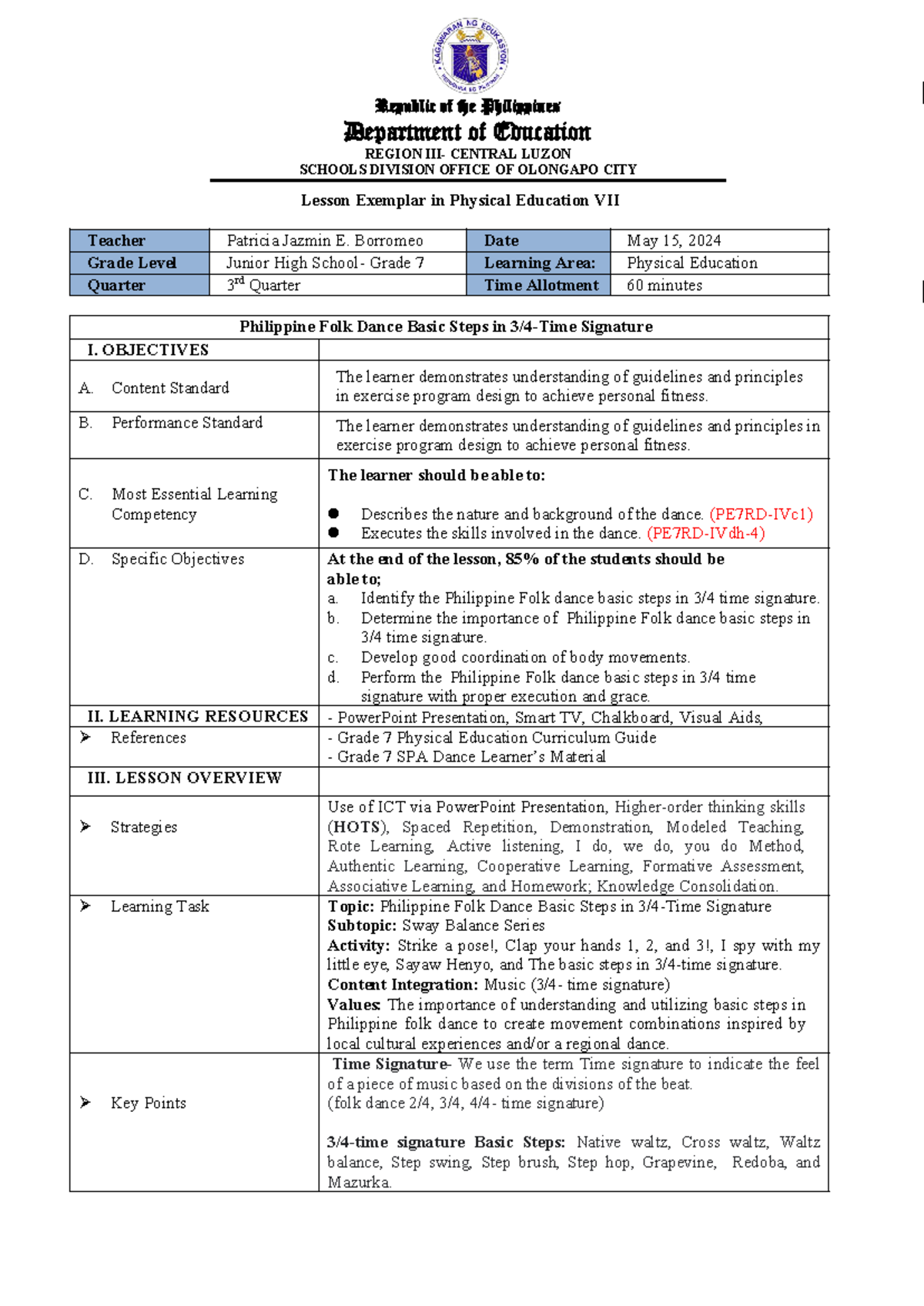 Grade 7 FOLK- Dance- Lesson-PLAN - Department of Education REGION III ...
