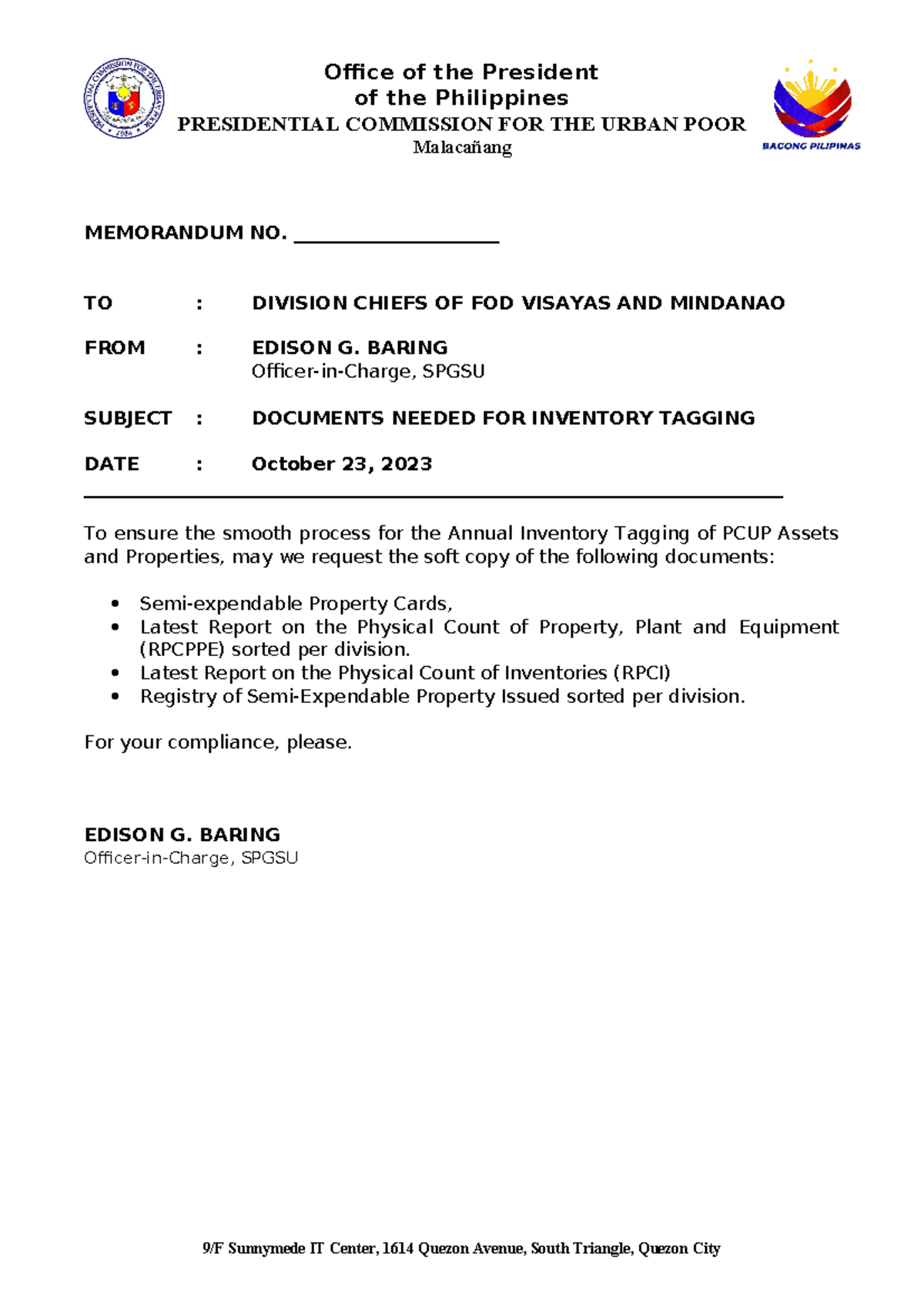 GSU MEMO Inventory Tagging - Office of the President of the Philippines ...
