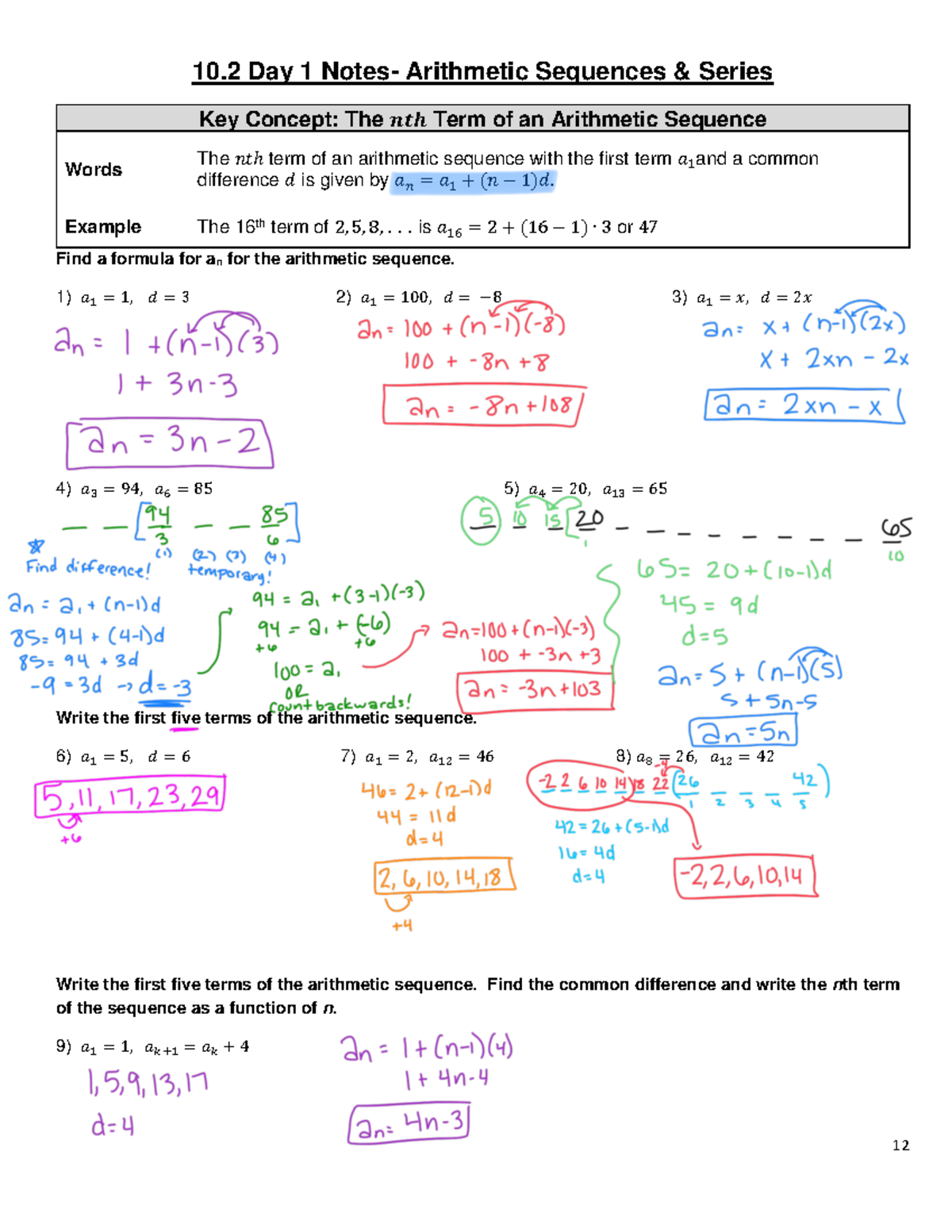 10.2 Notes Day 1 Key - 12 10 Day 1 Notes- Arithmetic Sequences & Series ...