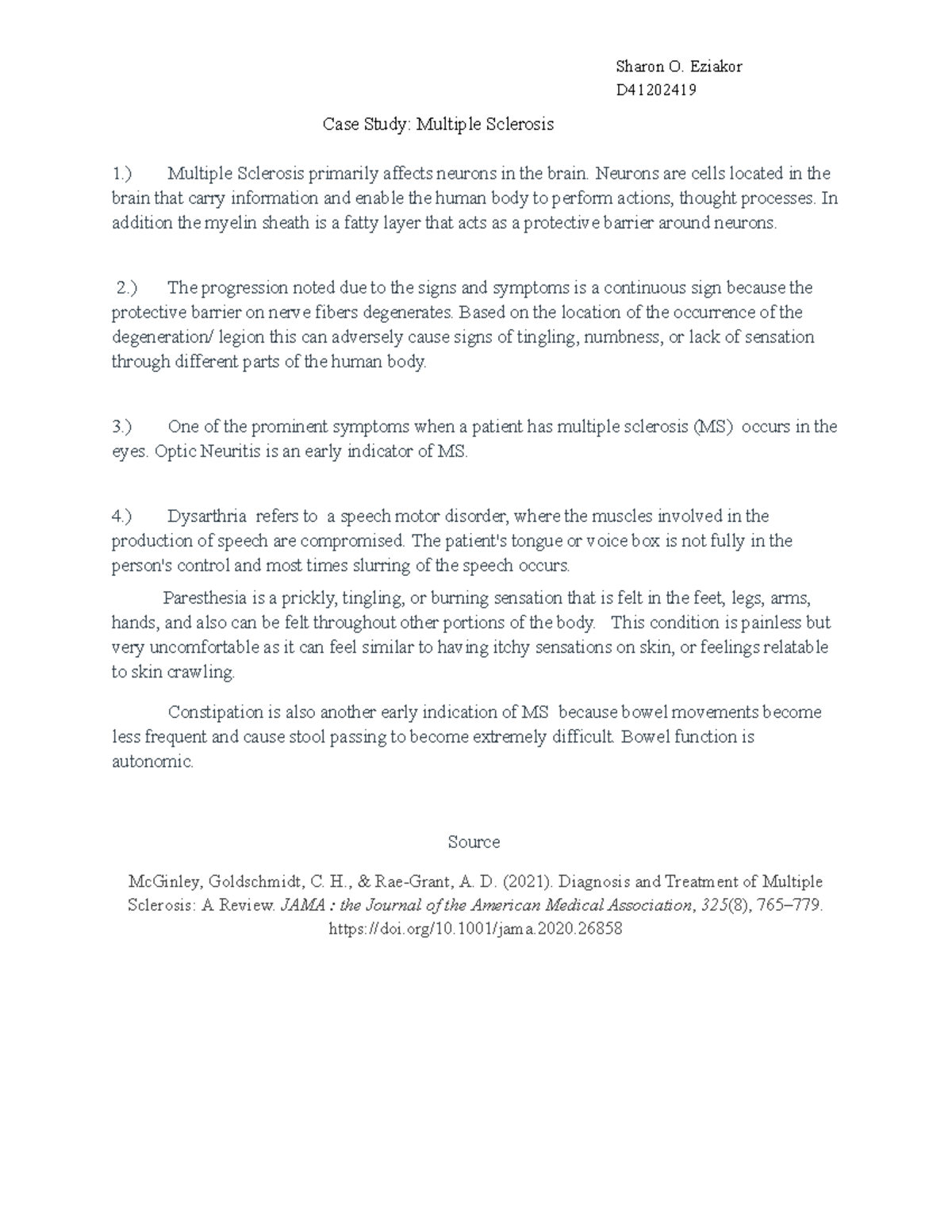 Multiple Sclerosis Case Study - Sharon O. Eziakor D Case Study ...