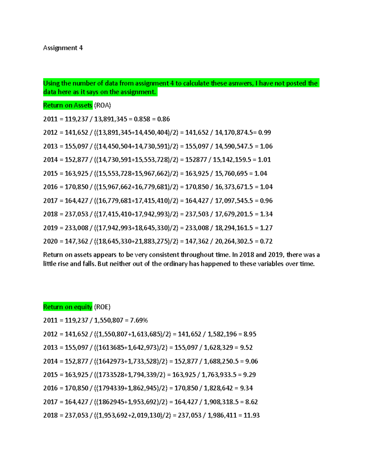 Assignment 4 FIN320 - All the coursework was done manually, and the ...