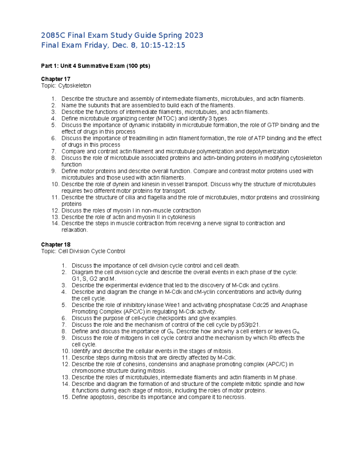 2085C Final Exam Study Guide F23 - 2085C Final Exam Study Guide Spring ...