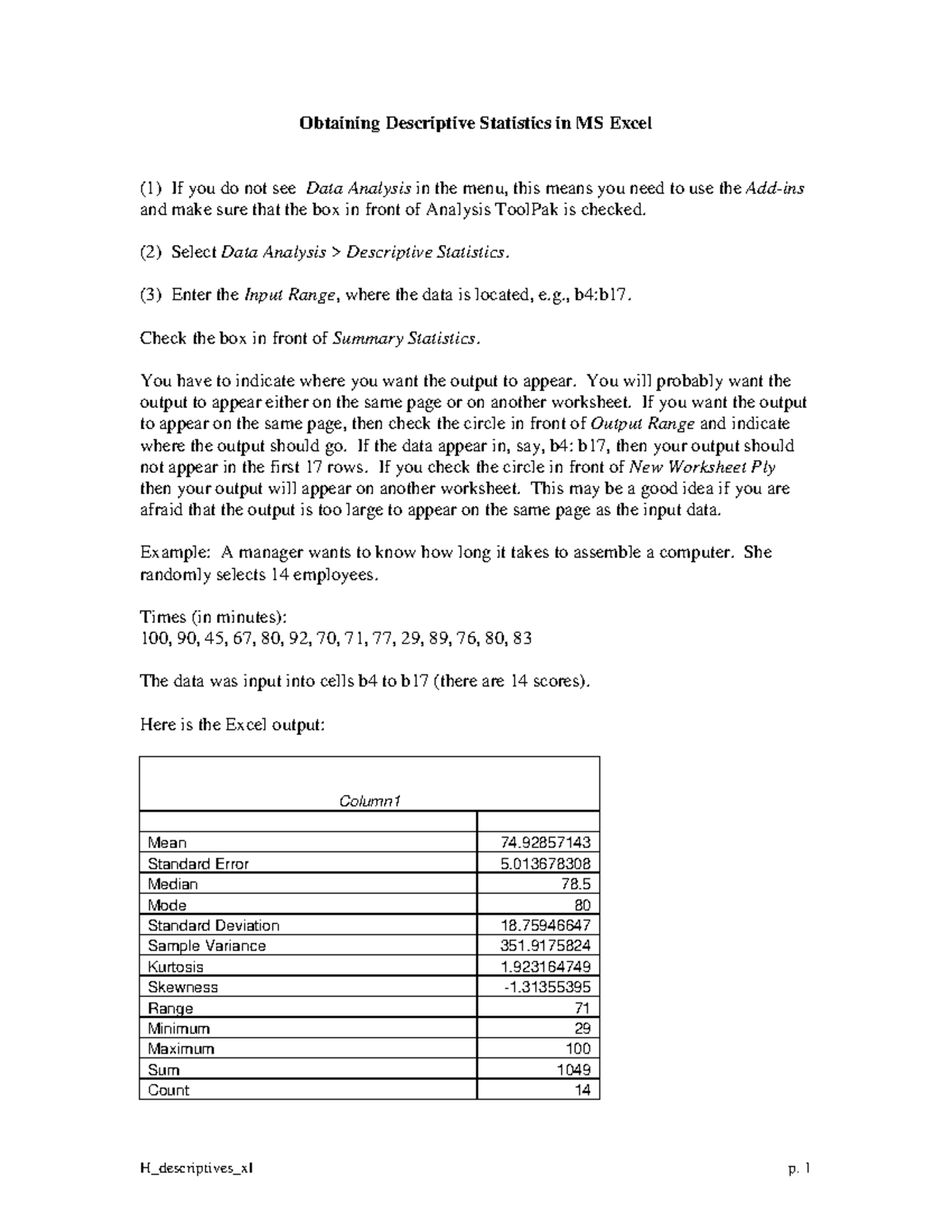 Obtaining Descriptive Statistics in MS Excel - (2) Select Data Analysis ...