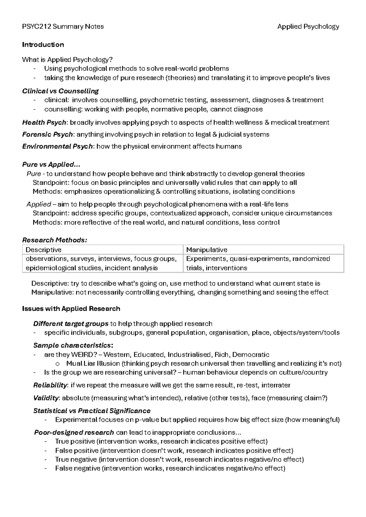 PSYC212 Summary Notes - Applied Psychology - PSYC212 Summary Notes ...