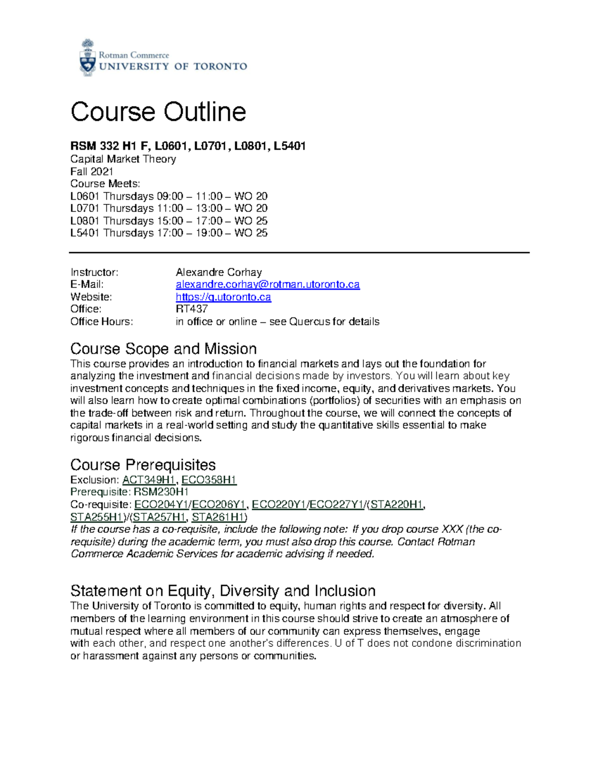 RSM332 Course Outline Fall 2021 - A Corhay - Course Outline RSM 332 H1 ...