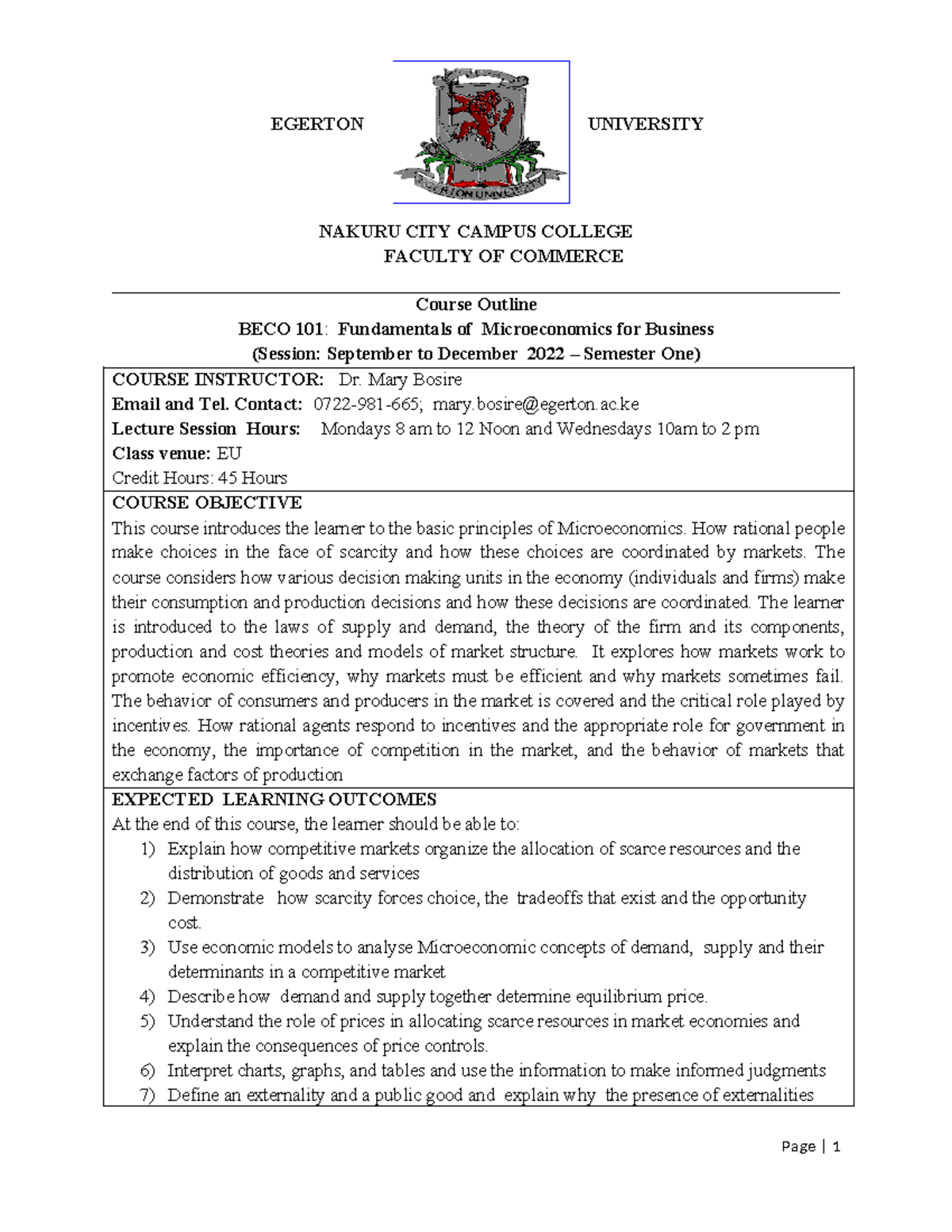 BECO 101 - Lesson ONE-1 104339 - EGERTON UNIVERSITY NAKURU CITY CAMPUS ...