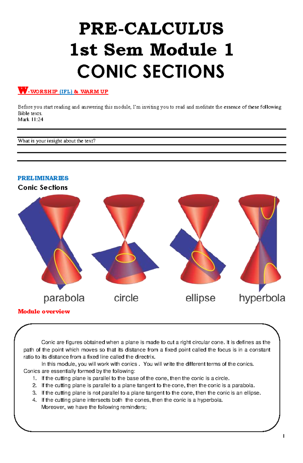 Pre Calculus Module-1 The Conic Sections - PRE-CALCULUS 1st Sem Module 1 CONIC SECTIONS W ...