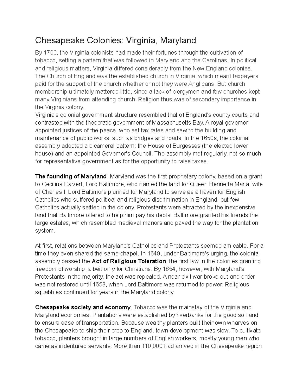 Chesapeake Colonies Virginia, Maryland - In political and religious ...