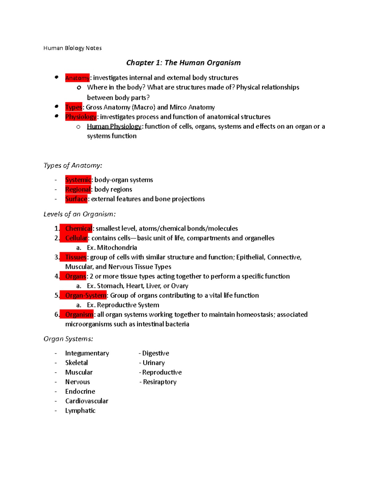 Human Biology Notes: Chapter 1 - Ex. Mitochondria Tissues: group of ...